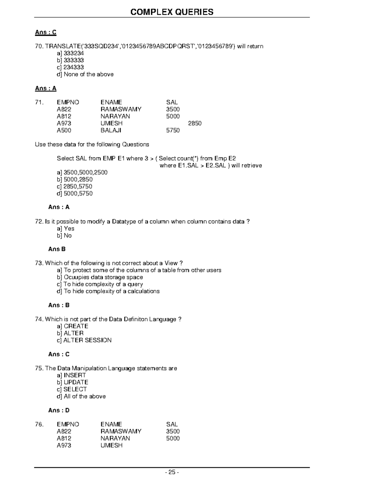 Sql Complex queries-3 - Ans : C TRANSLATE(‘333SQD234 ...