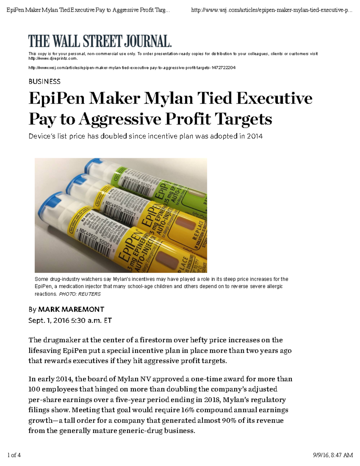 Epi Pen Maker Mylan Tied Executive Pay to Aggressive Profit Targets ...