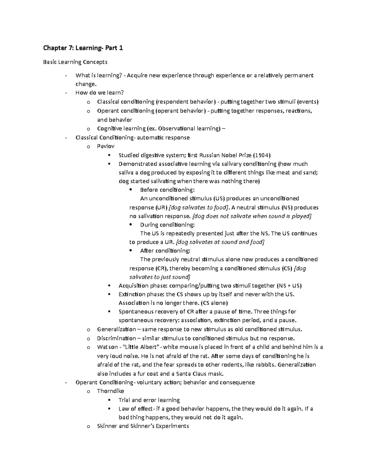 Psych 10.14.16 Chapter 7 - Chapter 7: Learning- Part 1 Basic Learning Concepts What is learning ...