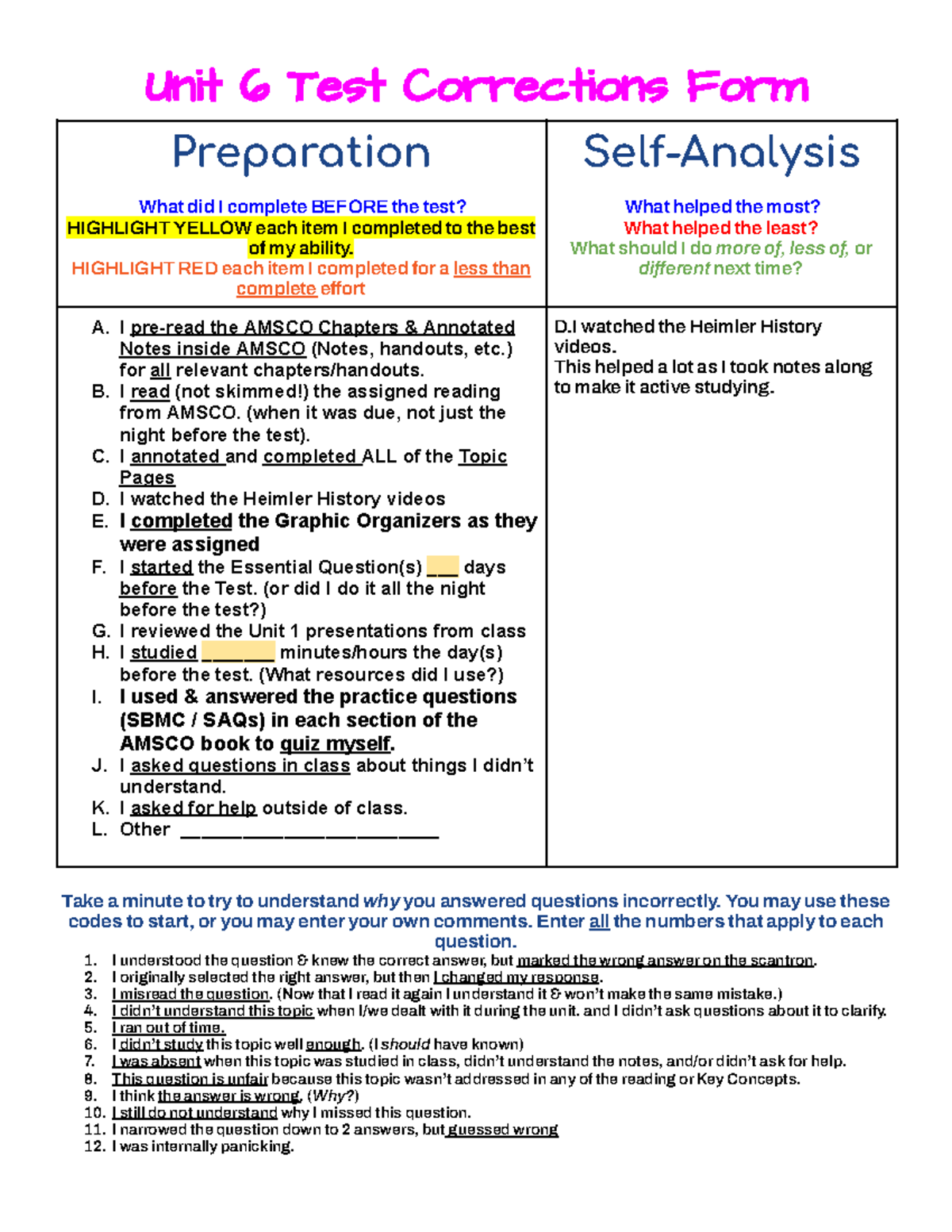 Unit 6 Test Corrections Form - HIGHLIGHT RED each item I completed for ...