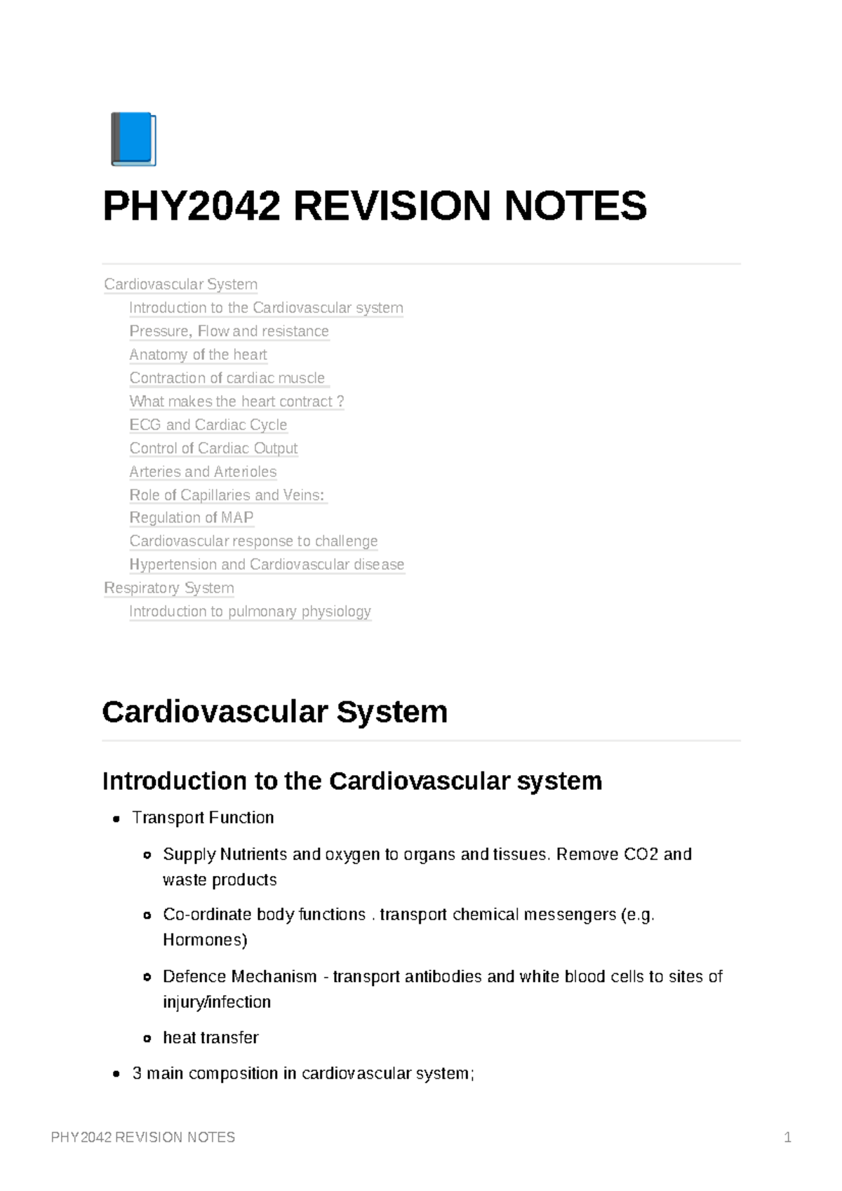 PHY2042 Revision Notes - Æ PHY2042 REVISION NOTES Cardiovascular System ...