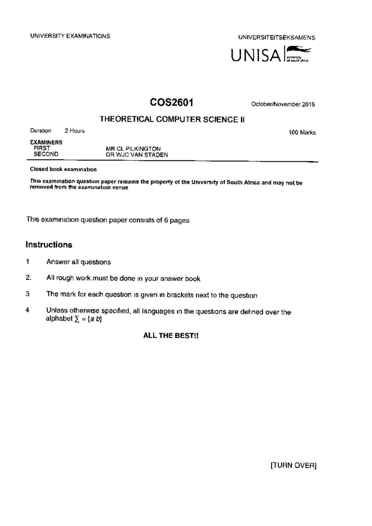 Exam 16 November 2016, questions - COS2601 - Studocu