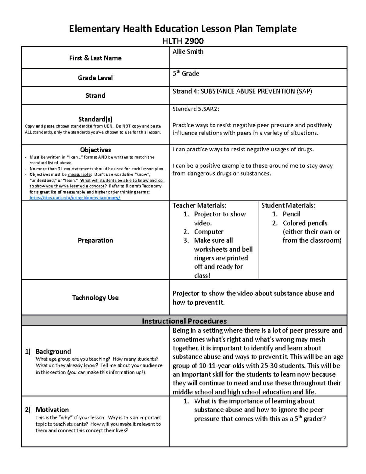 Lesson Plan Grade 5 - Elementary Health Education Lesson Plan Template ...