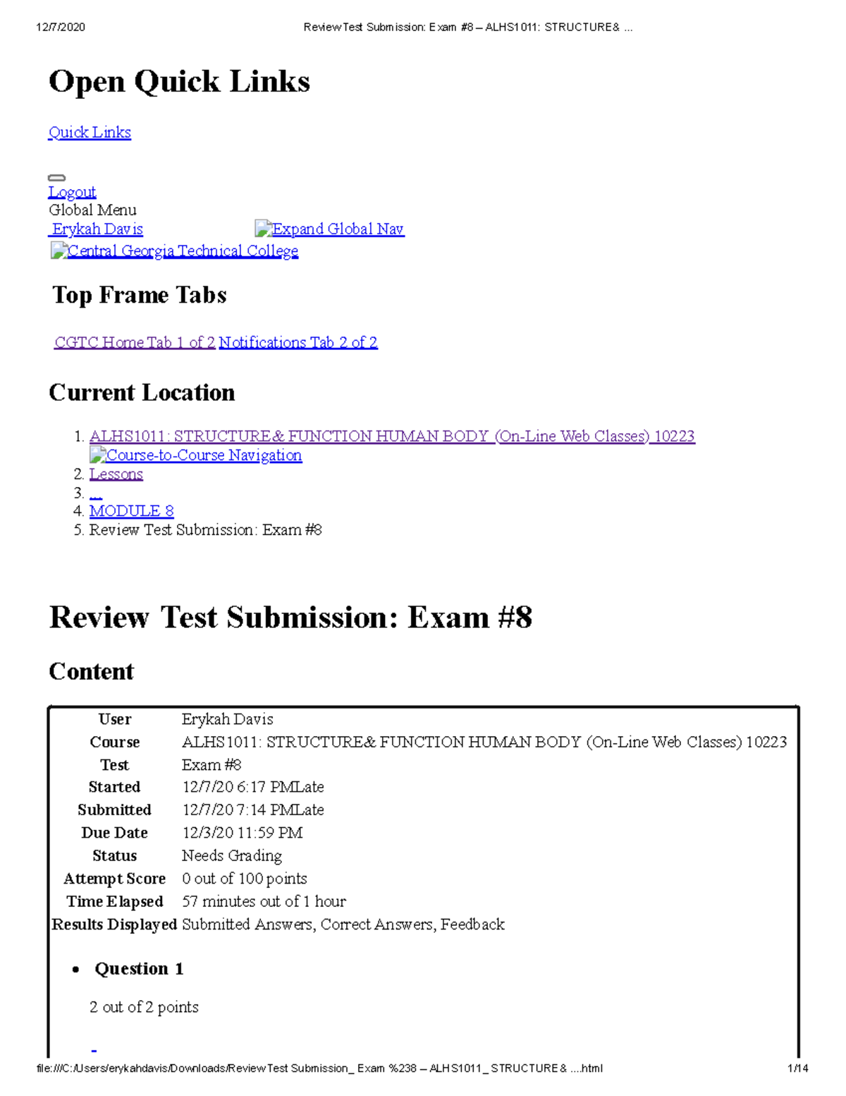 Review Test Submission Exam 8 ALHS1011 Structure - Open Quick Links ...