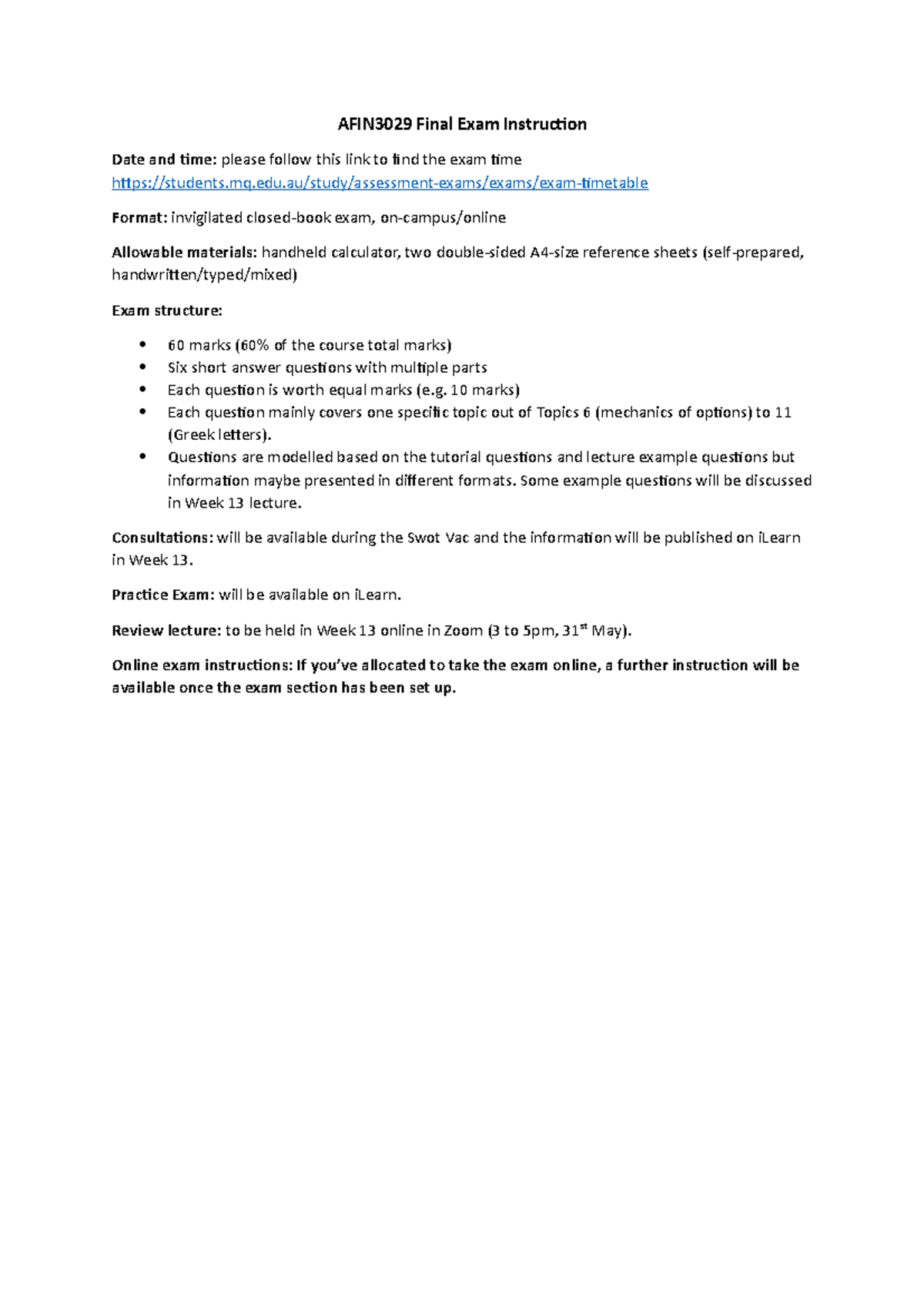 AFIN3029 Final Exam Instruction - mq.edu/study/assessment-exams/exams ...
