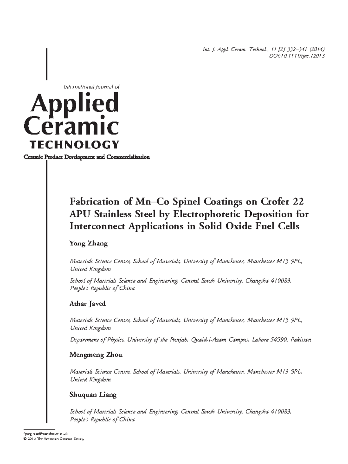 Zhang 2013 - Fabrication of Mn-Co Spinel coating on Crofer 22 APU ...