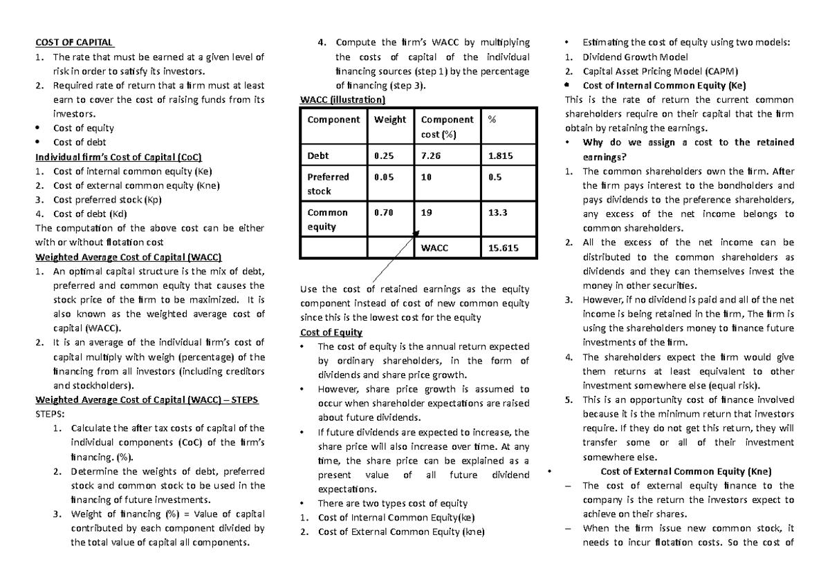 Notes COST OF Capital Capital Structure Basic Concept - COST OF CAPITAL ...