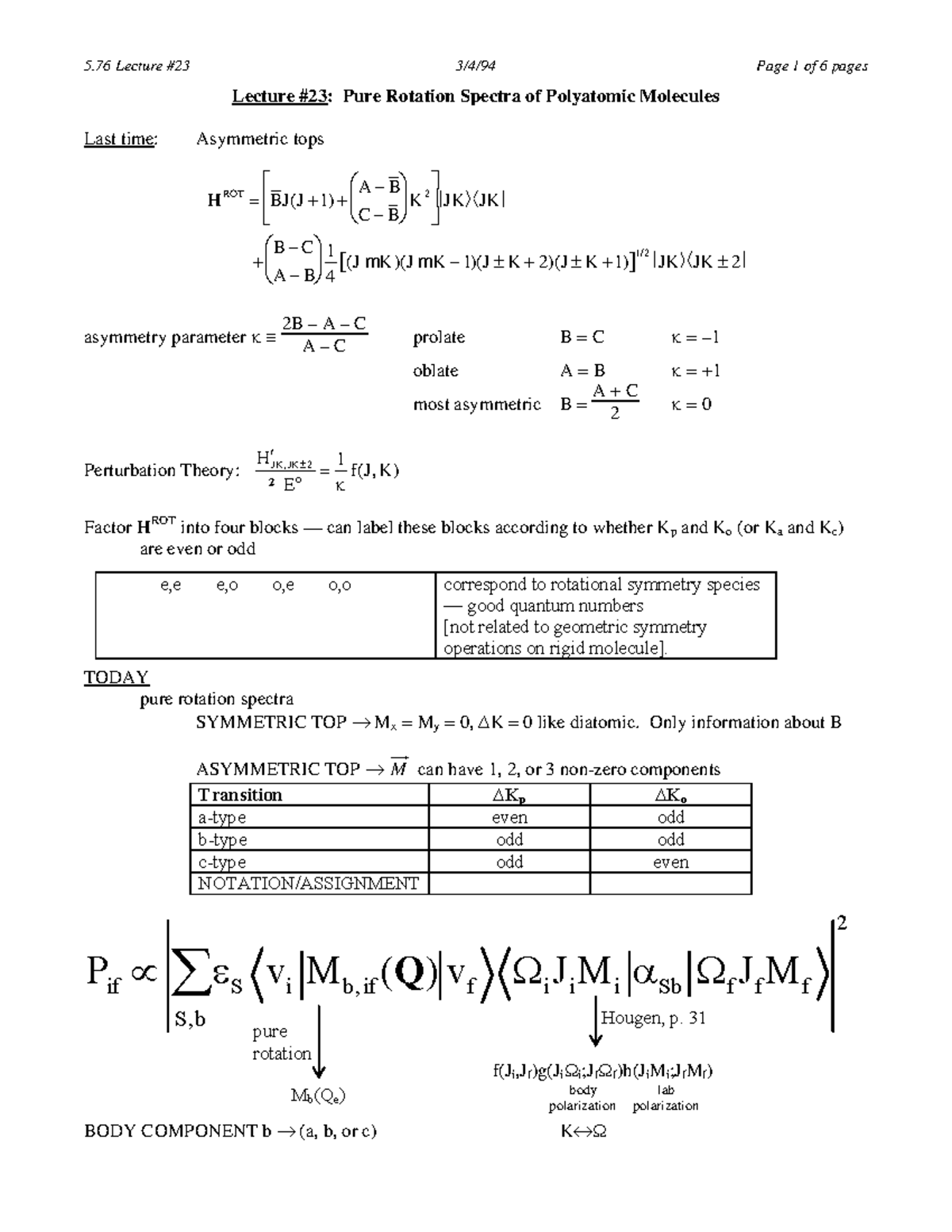 Lec23 - lecture 23 notes for Molecular Spectra and Molecular Structure ...