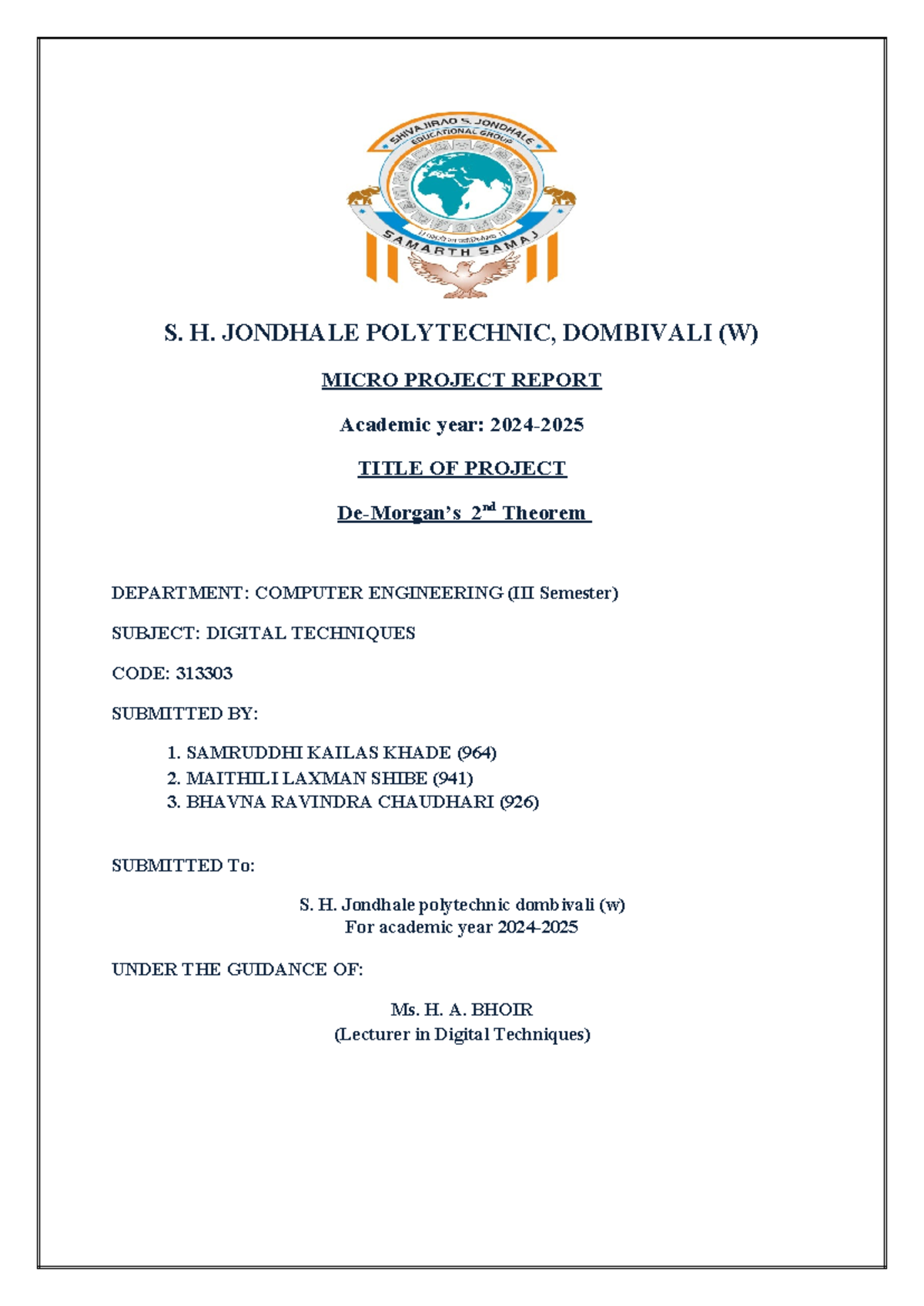 DTE report format-1 - Good - S. H. JONDHALE POLYTECHNIC, DOMBIVALI (W) MICRO PROJECT REPORT ...