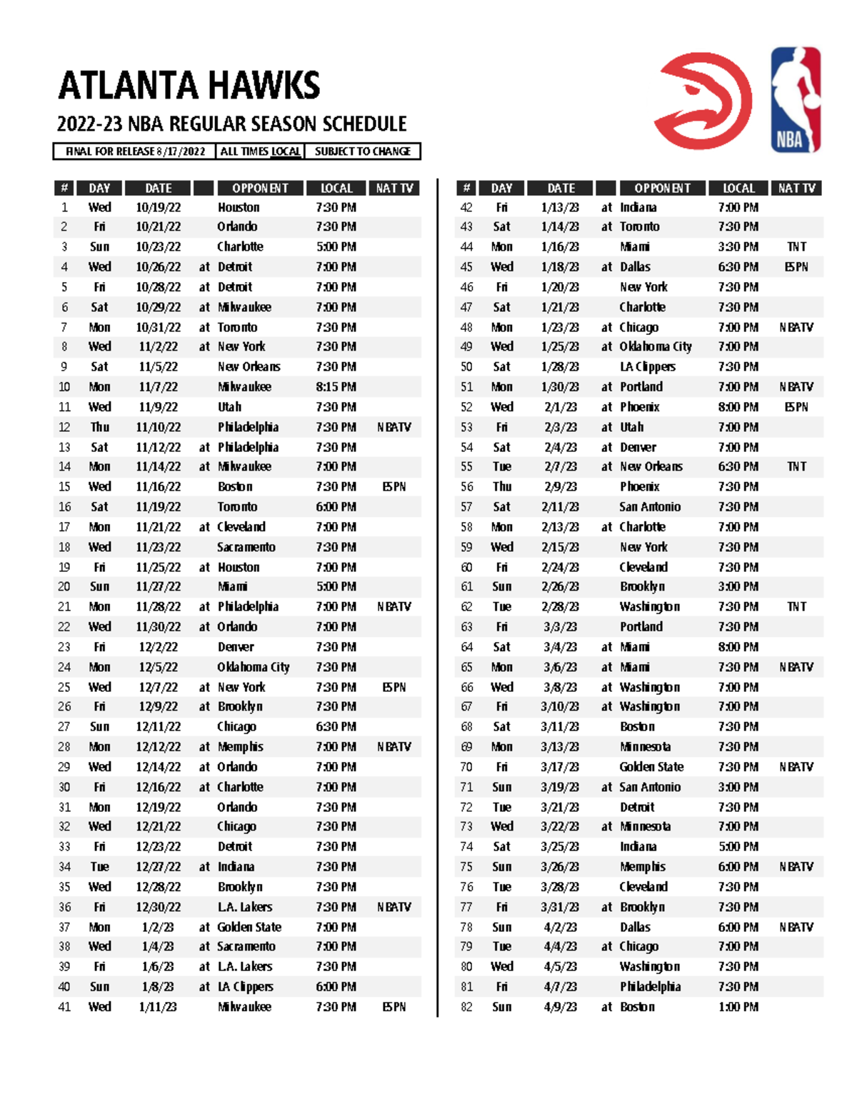 2022 23 NBA Schedule By Team 8 17 22 - ATL ATLANTA HAWKS 2022-23 NBA ...