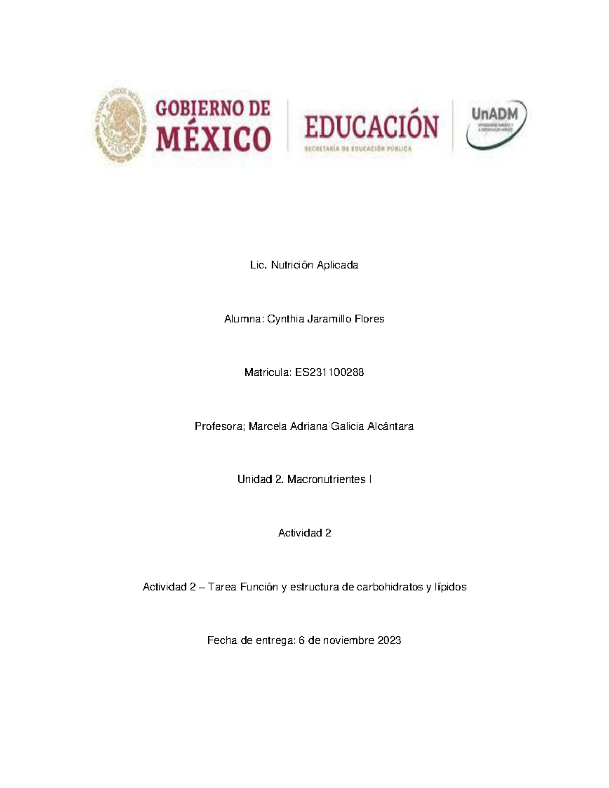 NBNU U2 TA CYJF - actividad 2 unidad 2 - Lic. Nutrición Aplicada Alumna: Cynthia Jaramillo ...