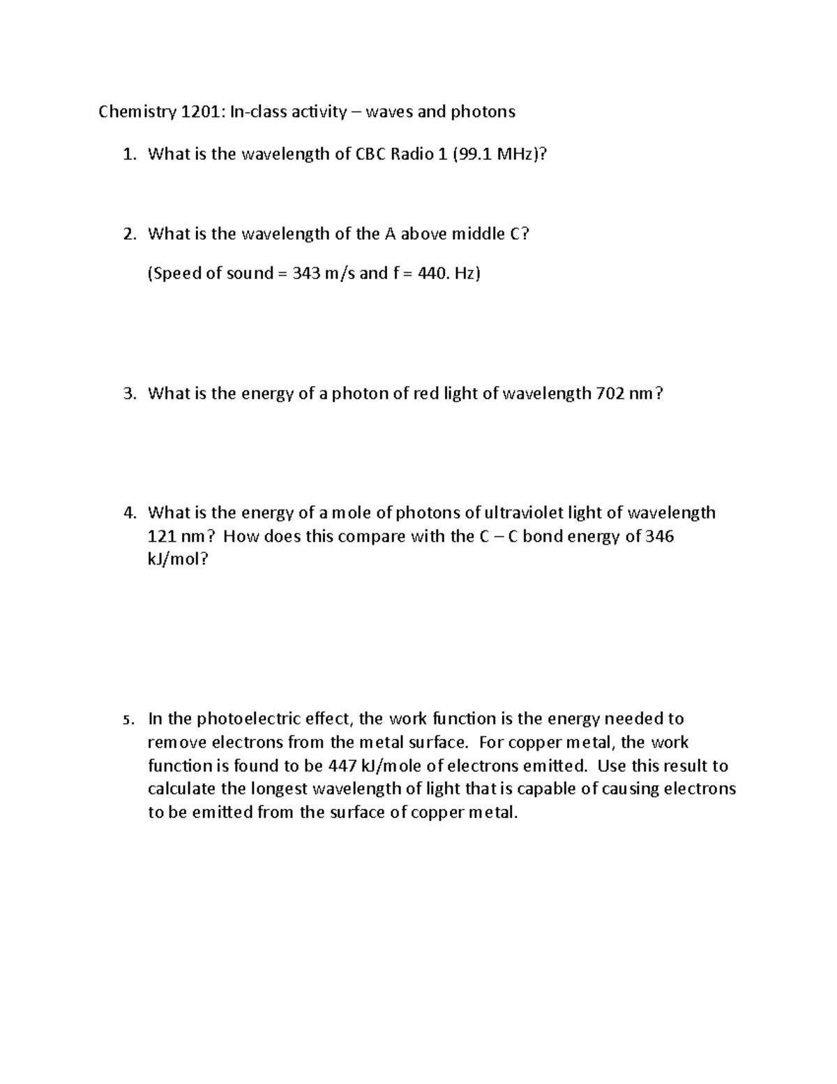 Chemistry 1201 Unit 1 worksheet waves and photons (F2020) - Chemistry ...