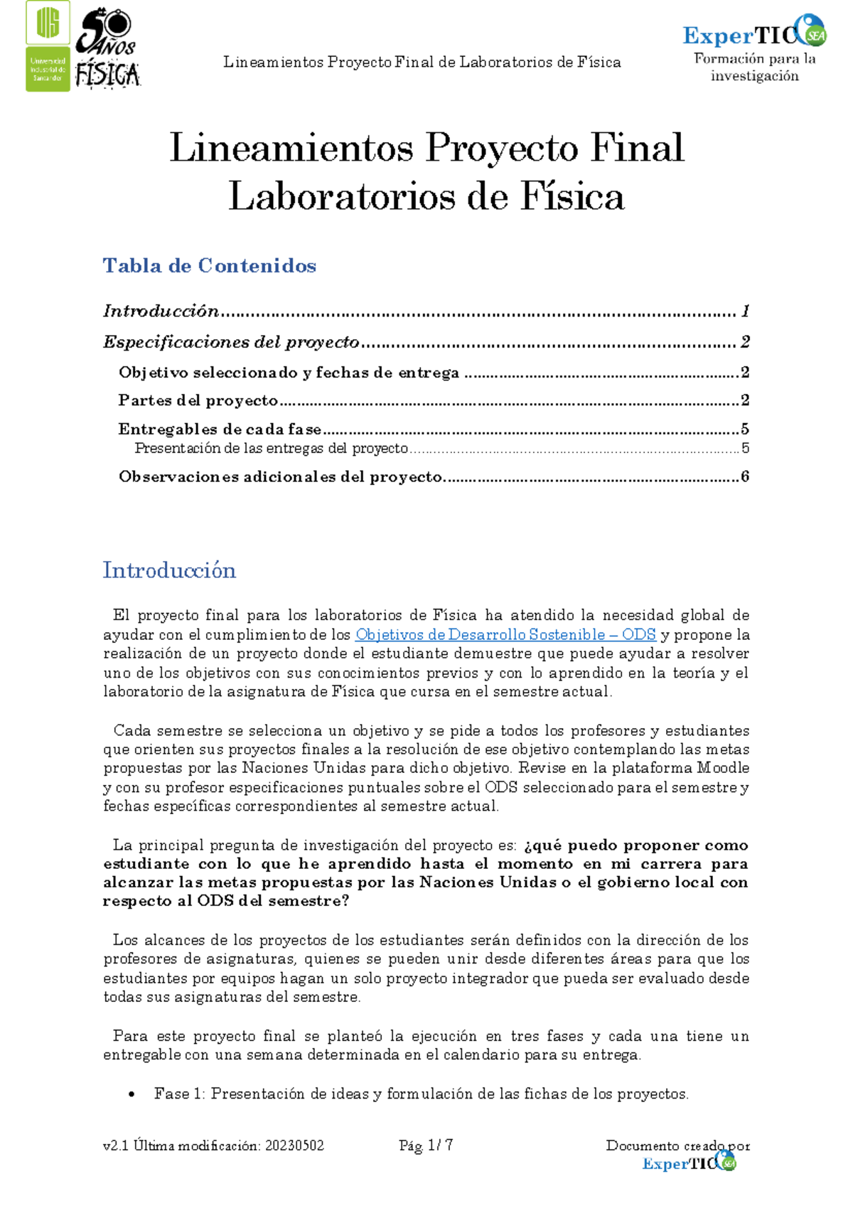 Lineamientos proyecto final v2 - Lineamientos Proyecto Final Laboratorios de Física Tabla de ...