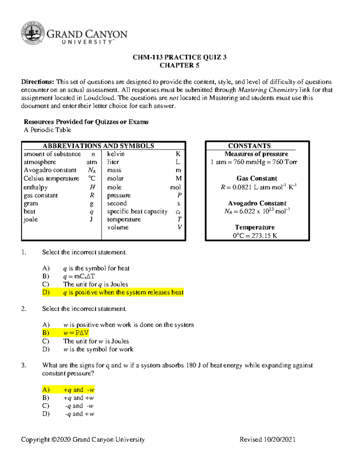 Practice quiz 3 Answers - CHM-113 PRACTICE QUIZ 3 CHAPTER 5 Directions ...