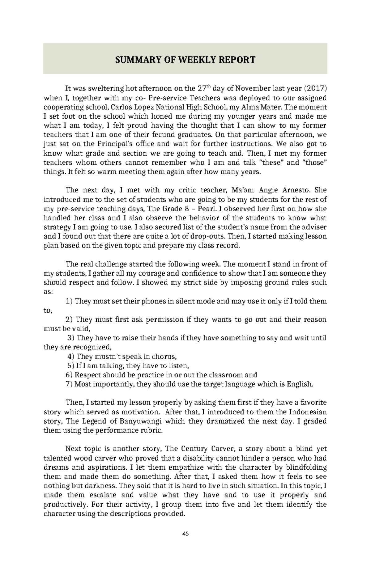 Real Narrative Report - Copy - SUMMARY OF WEEKLY REPORT It was ...