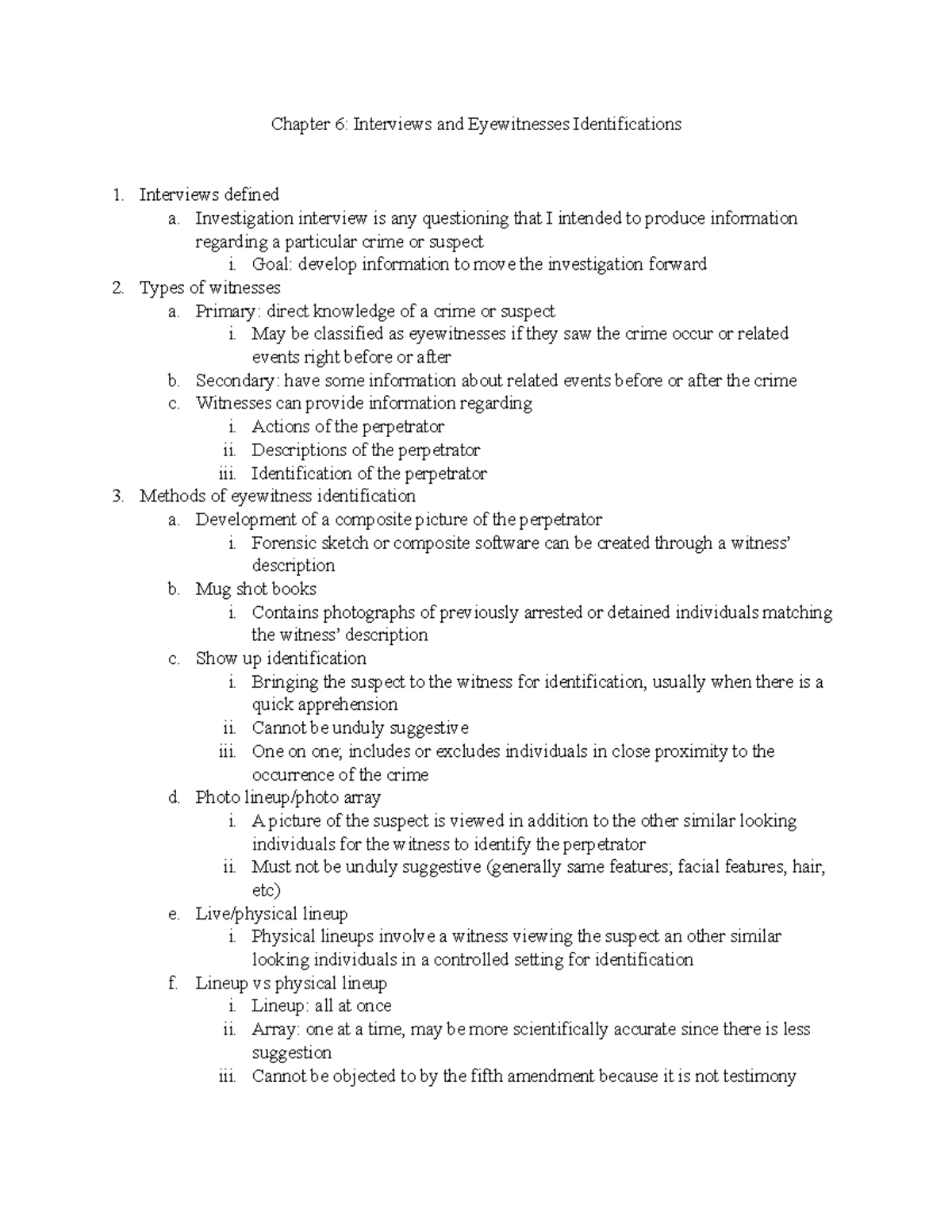 Chapter 6 - Chapter 6: Interviews and Eyewitnesses Identifications 1 ...