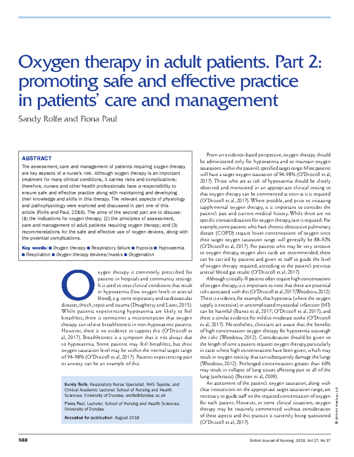 Journal Article- Oxygen therapy in adult patients - O xygen therapy is ...
