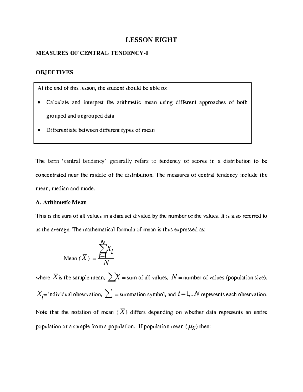 Lesson four - notes - LESSON EIGHT MEASURES OF CENTRAL TENDENCY-I ...