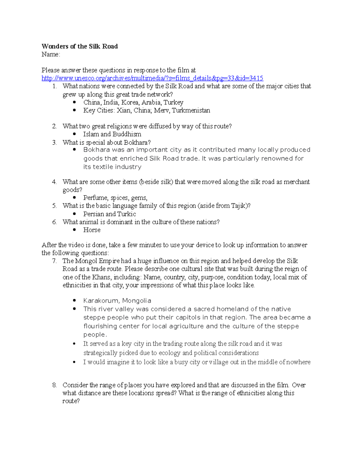 Activity Silk Road - Wonders of the Silk Road Name: Please answer these ...