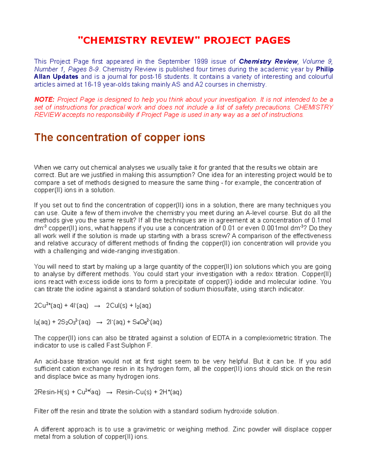 Copper - lurt - "CHEMISTRY REVIEW" PROJECT PAGES This Project Page ...