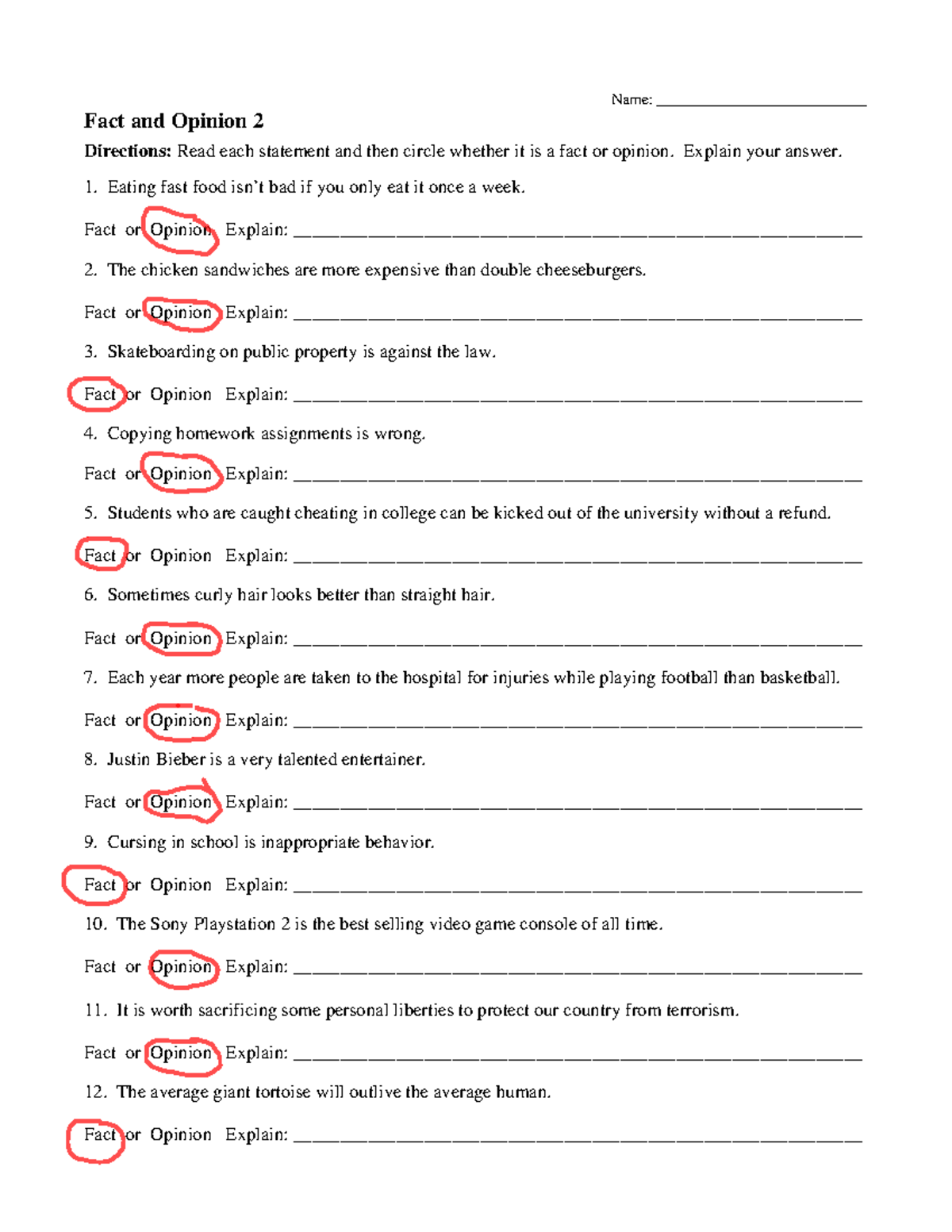 Fact and opinion worksheet 2 - Name: ___________________________ Fact ...