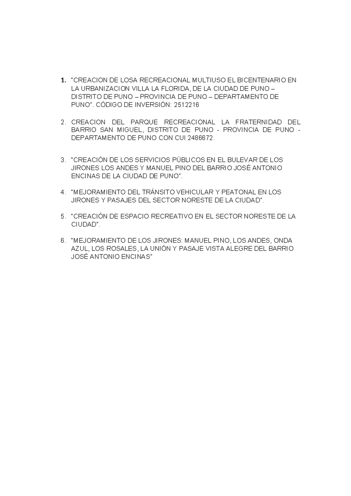 Proyectos de PMIB - MVCS - 1. “CREACION DE LOSA RECREACIONAL MULTIUSO ...