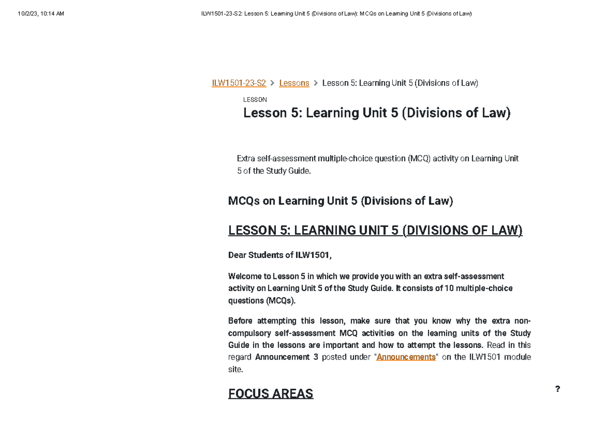 ILW1501-23-S2 Lesson 5 Learning Unit 5 (Divisions of Law) MCQs on ...