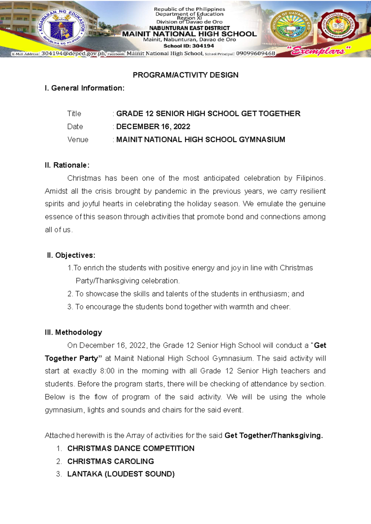 Activity design - PROGRAM/ACTIVITY DESIGN I. General Information: Title ...