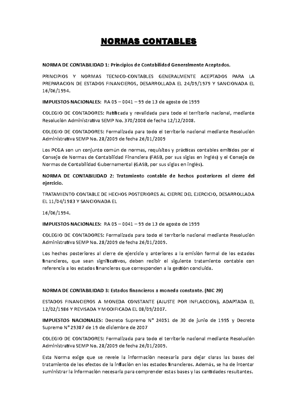 Normas Contables - NORMAS CONTABLES NORMA DE CONTABILIDAD 1: Principios de Contabilidad ...