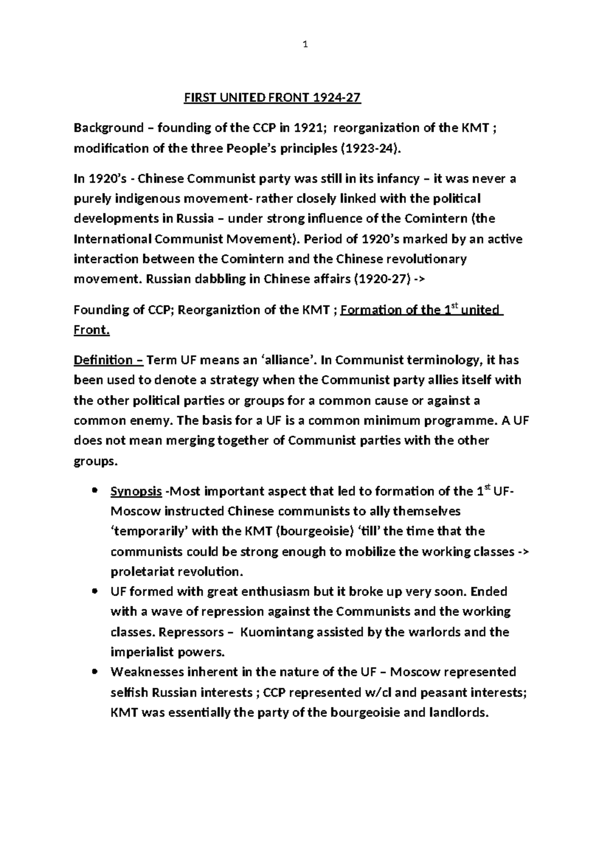 First United Front 1924 - FIRST UNITED FRONT 1924- Background ...