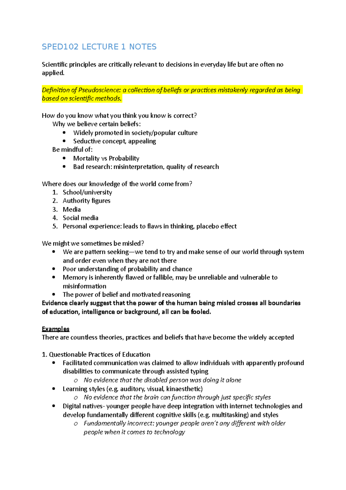 Lecture 1 Notes - SPED102 LECTURE 1 NOTES Scientific principles are ...