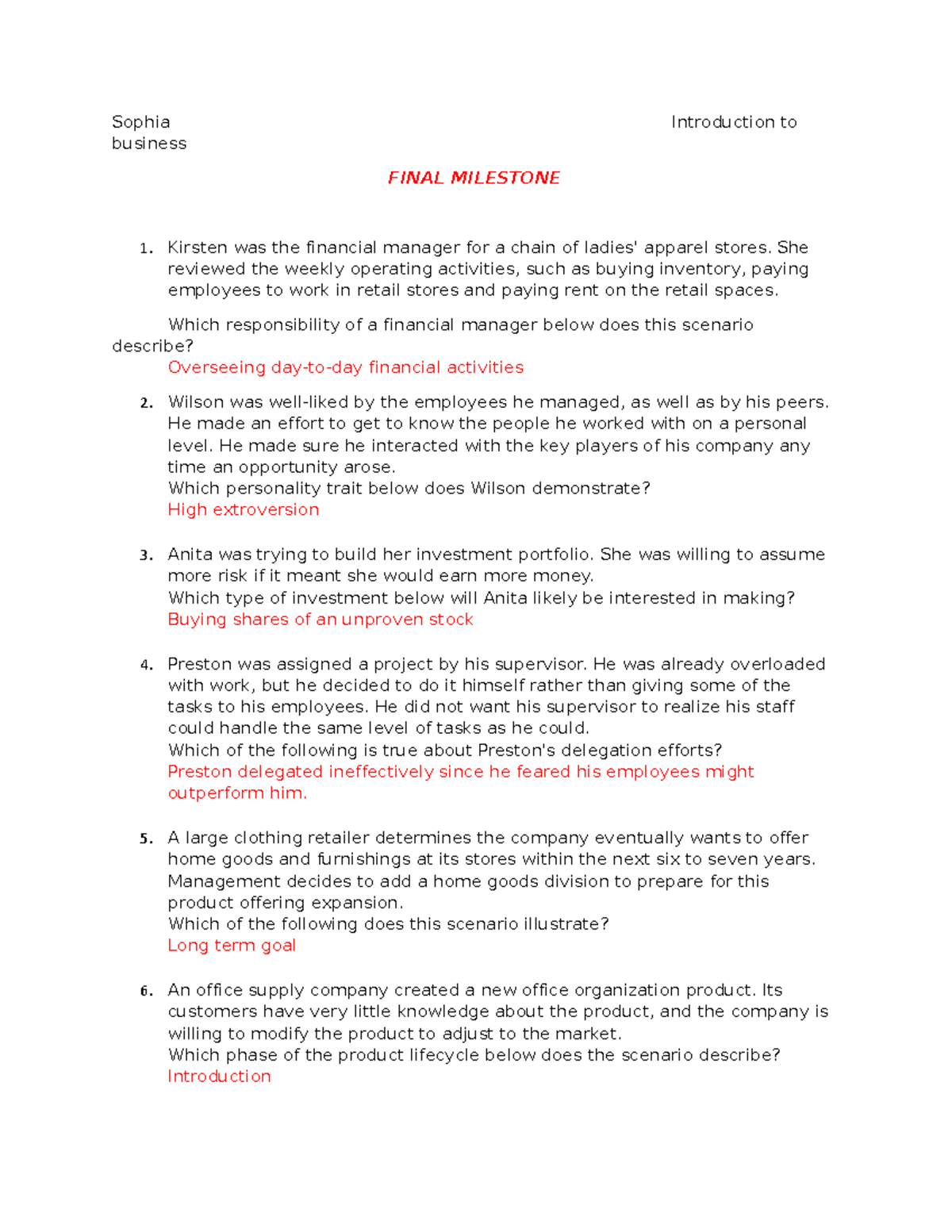 Introduction to business Final Milestone - Sophia Introduction to ...