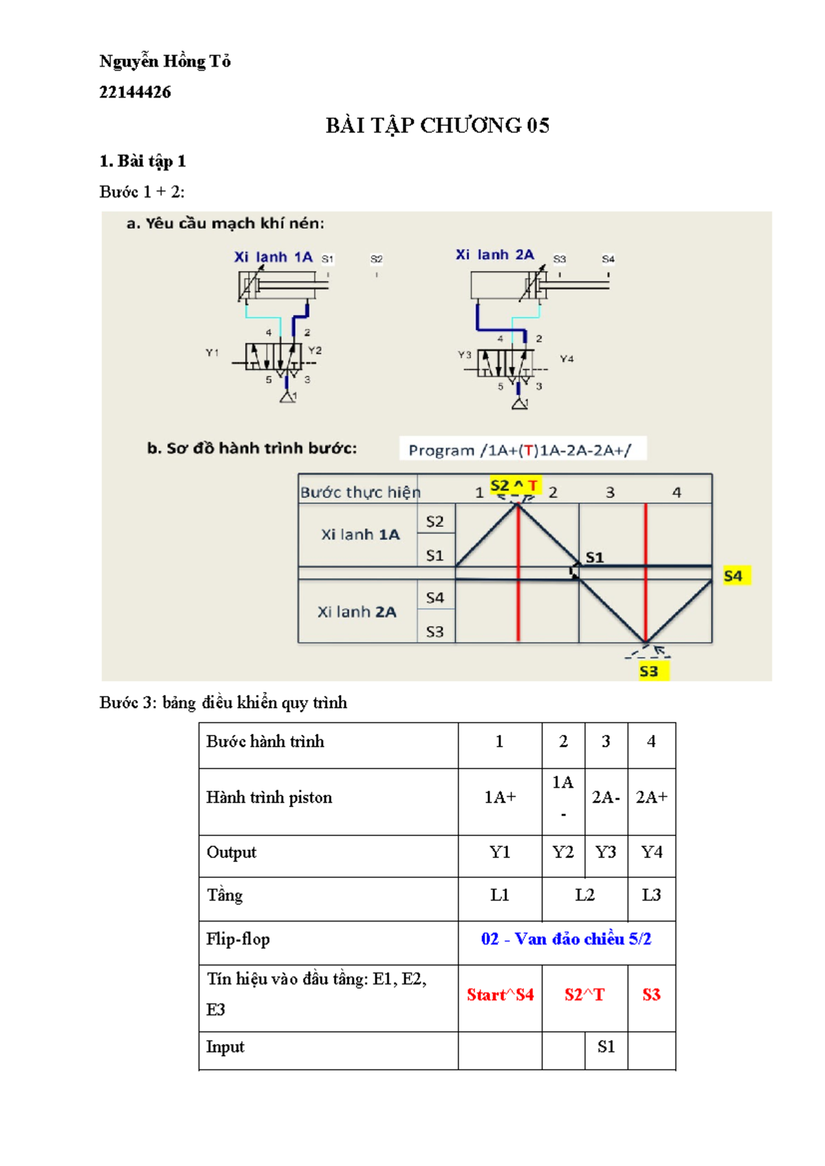 BT C5 - BT khí nén thầy Phương - Nguyễn Hồng Tỏ 22144426 BÀI TẬP CHƯƠNG 05 Bài tập 1 Bước 1 + 2 ...