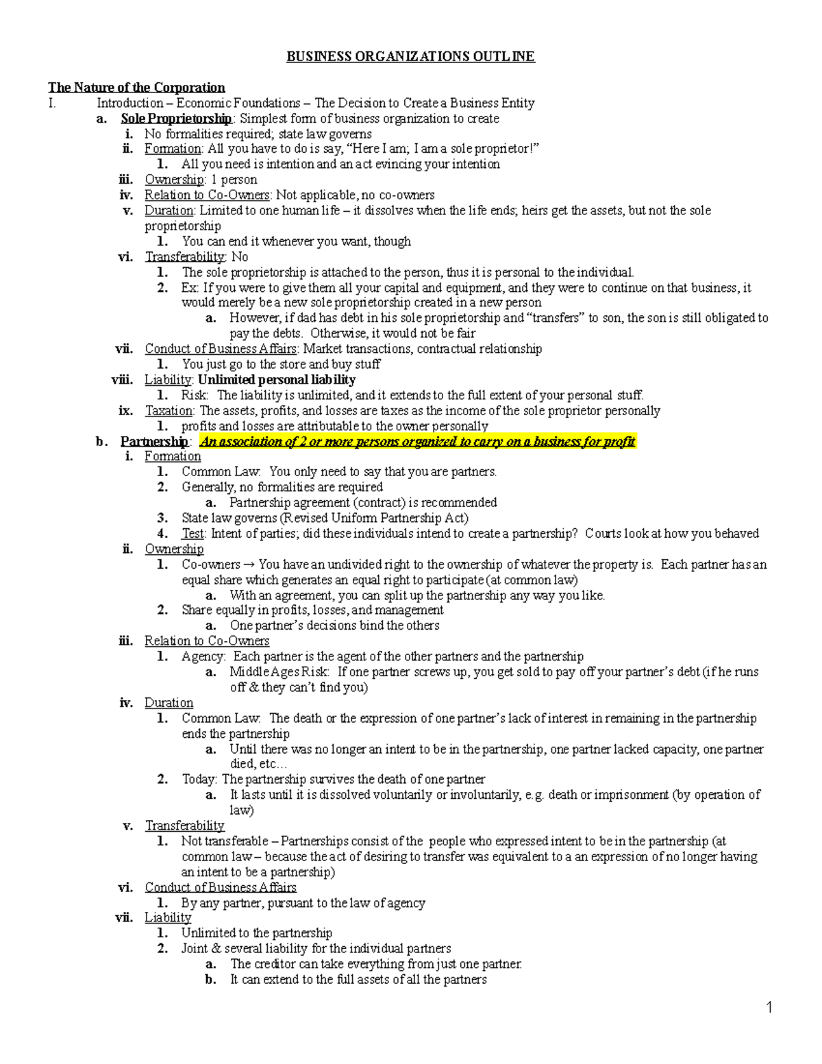 Business Organizations Outline - BUSINESS ORGANIZATIONS OUTLINE The ...