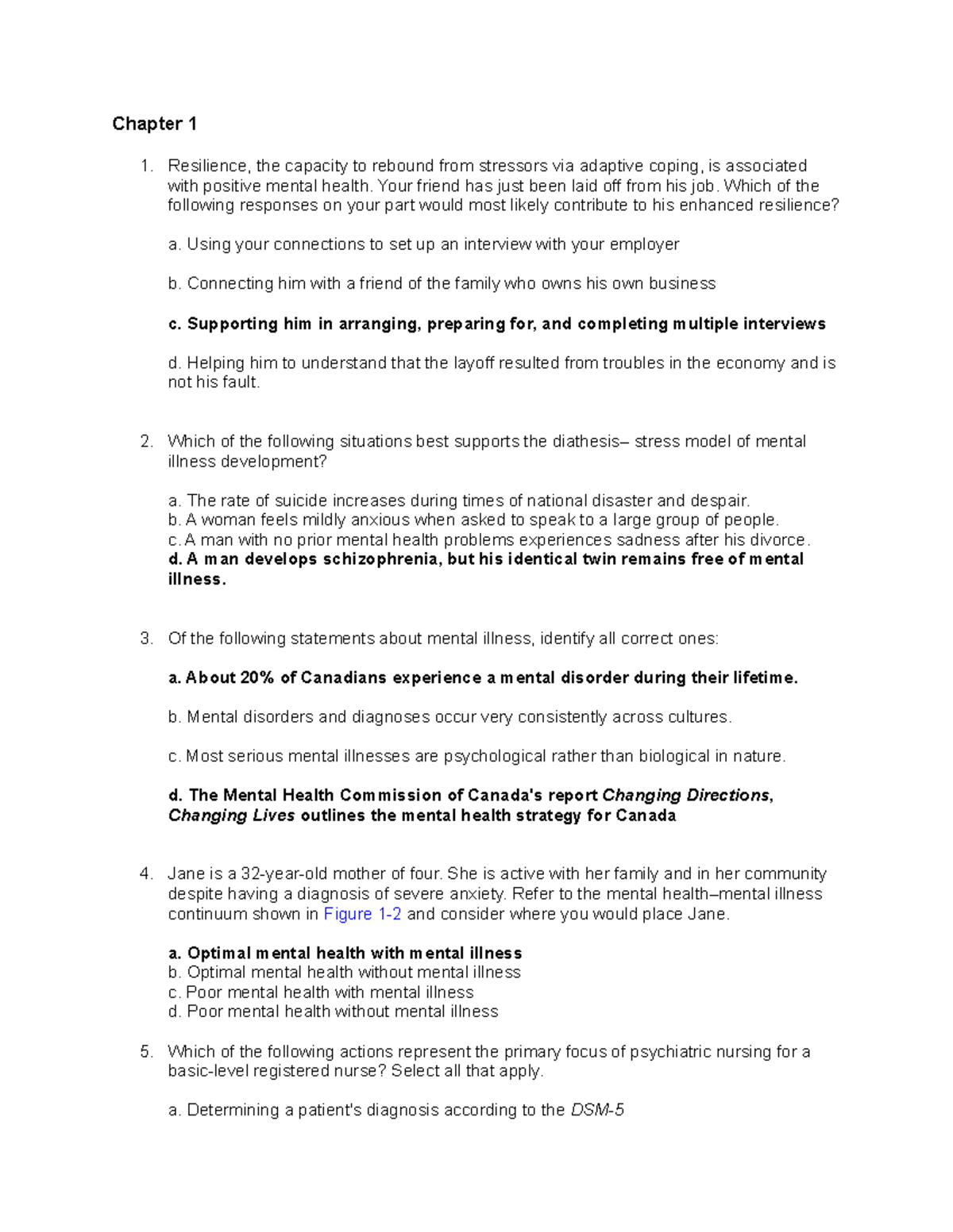 Mental Health Chapter Review Questions - Chapter 1 Resilience, the ...