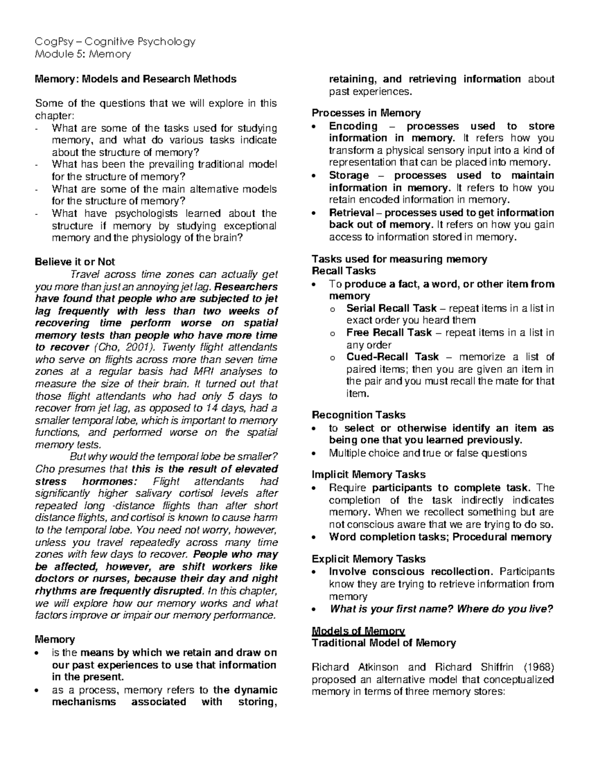 Module-5-Cog Psy - LECTURE - Module 5 : Memory Memory: Models and Research Methods Some of the ...