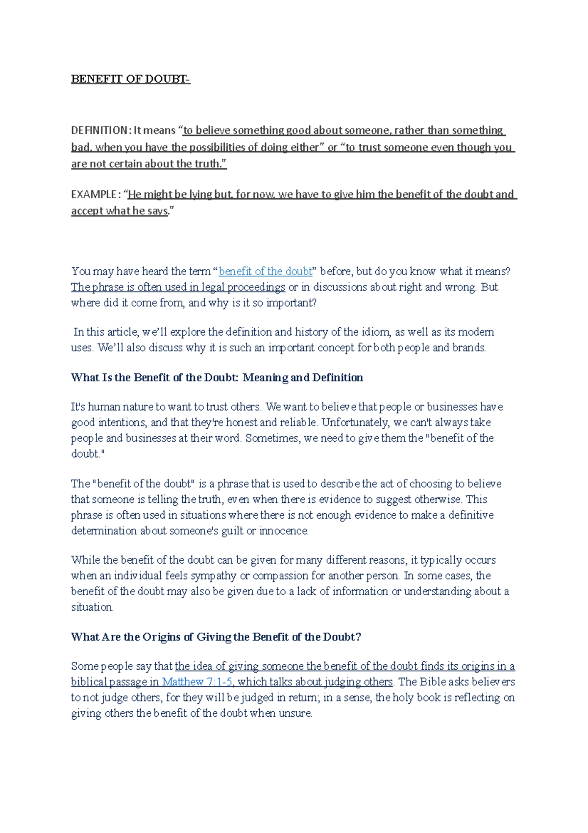 Benefit of Doubt by Jack London - BENEFIT OF DOUBT- DEFINITION: It ...