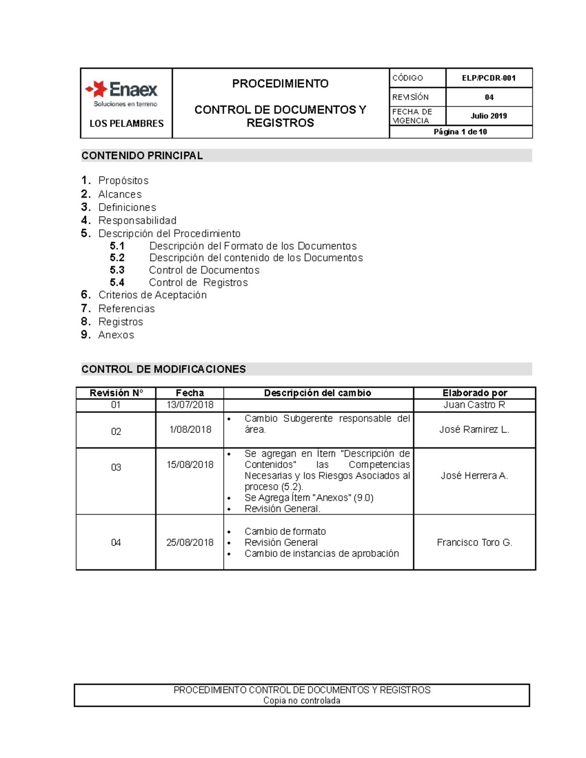 1 ELP-PCDR-001 Control DE Documentos Y Registros - LOS PELAMBRES PROCEDIMIENTO CONTROL DE ...