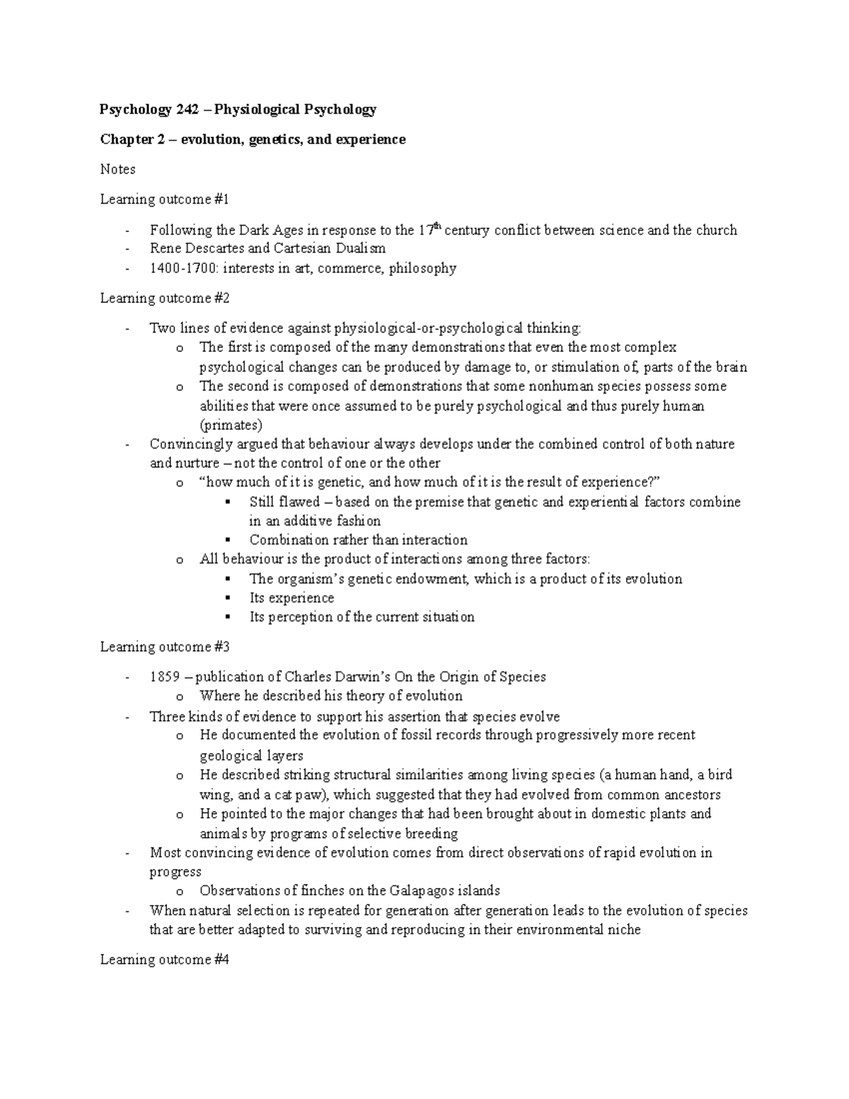 PSY 242 - Lecture notes 2 - Psychology 242 – Physiological Psychology ...