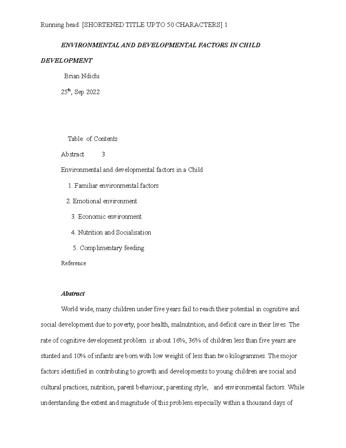 Child Development - Edited - Running head: [SHORTENED TITLE UP TO 50 ...