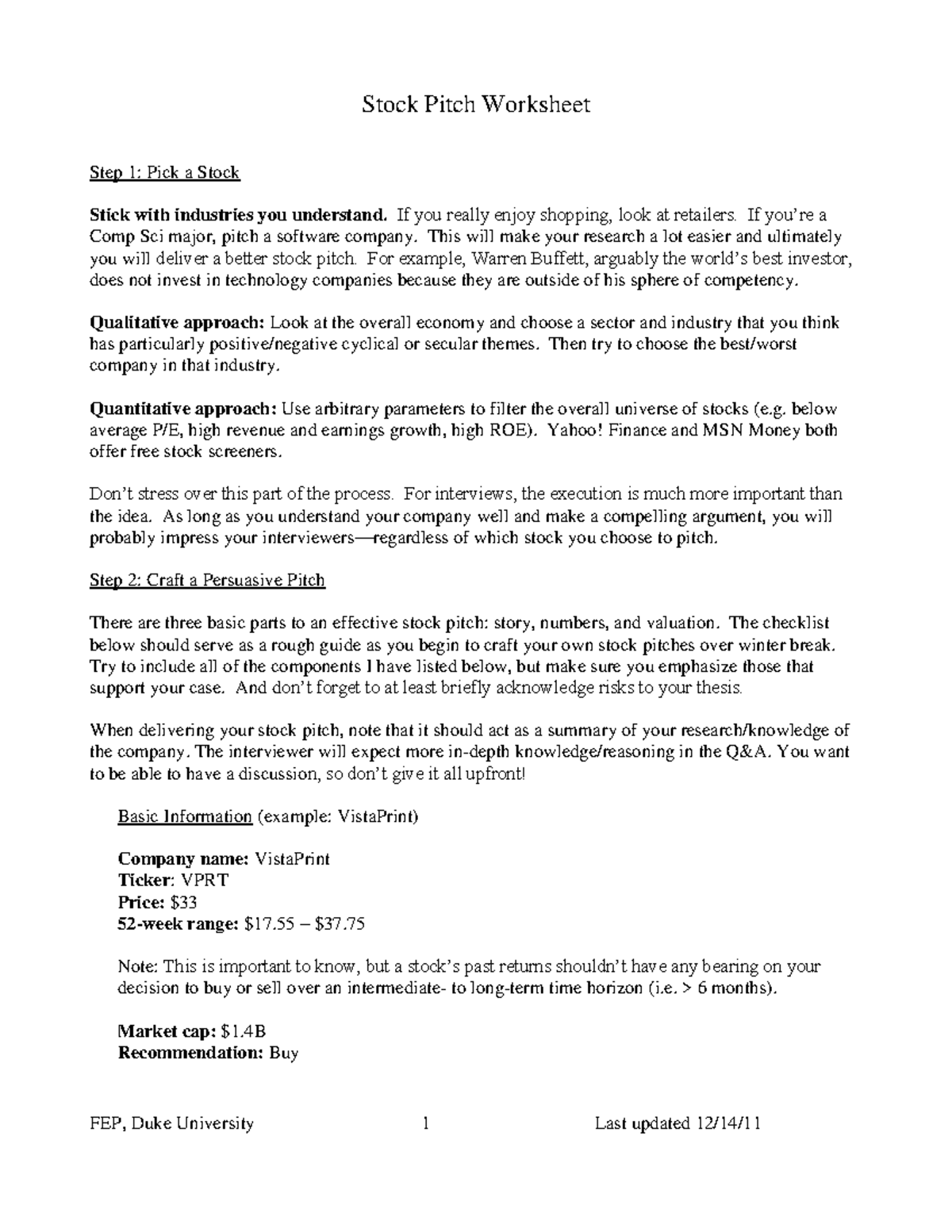 Stock Pitch Worksheet: Step-by-Step Guide - Studocu