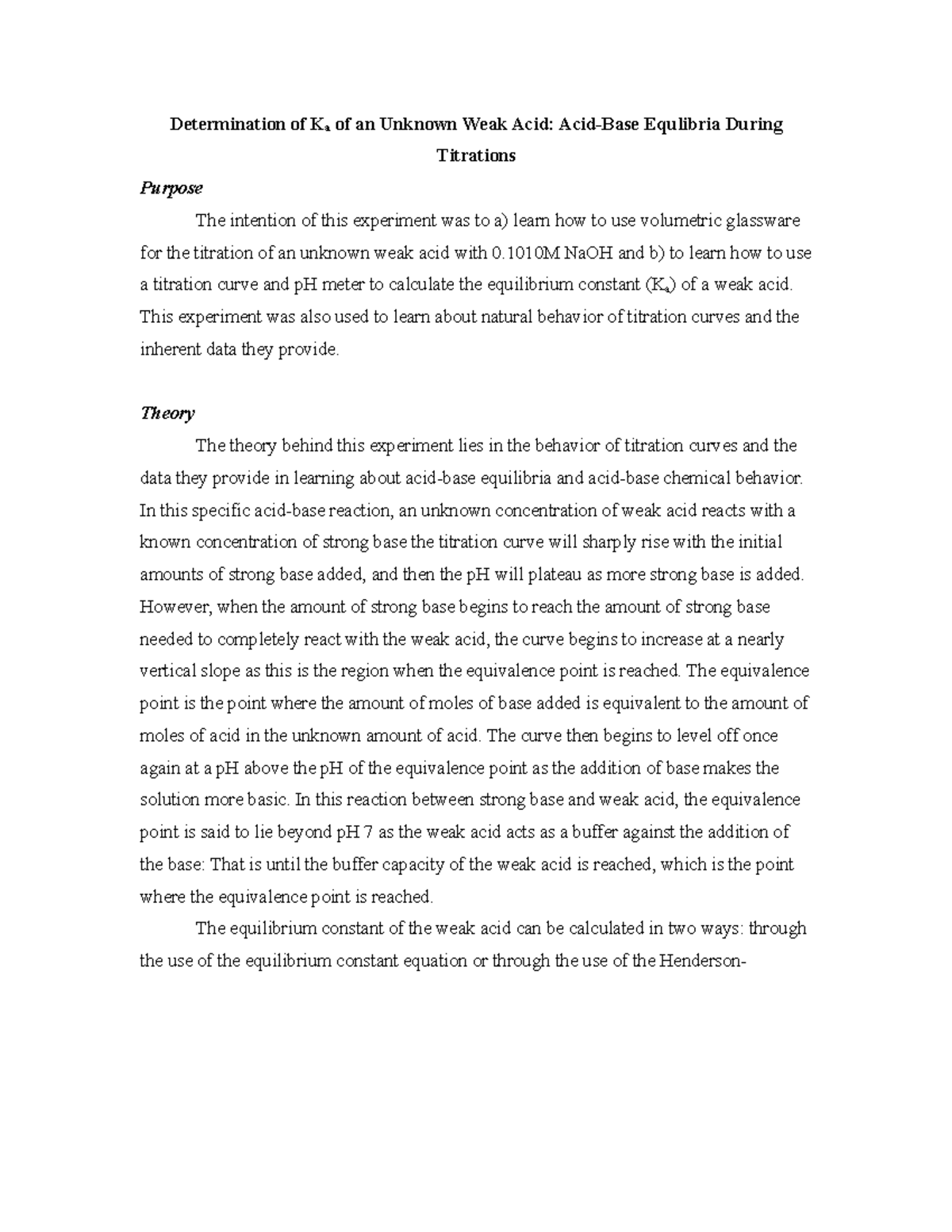 Lab 2 - Determination of Ka of an Unknown Weak Acid: Acid-Base ...