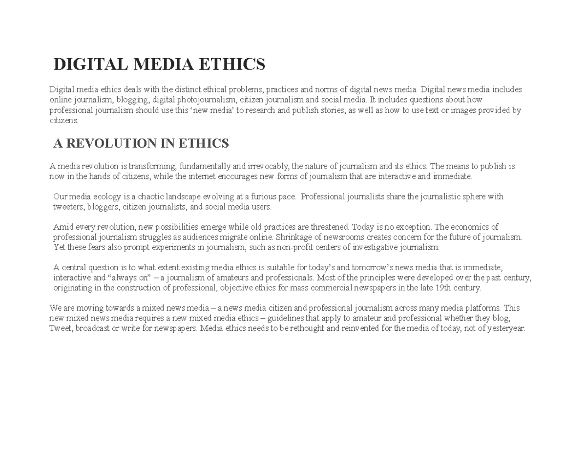 Digital media ethics - DIGITAL MEDIA ETHICS Digital media ethics deals ...
