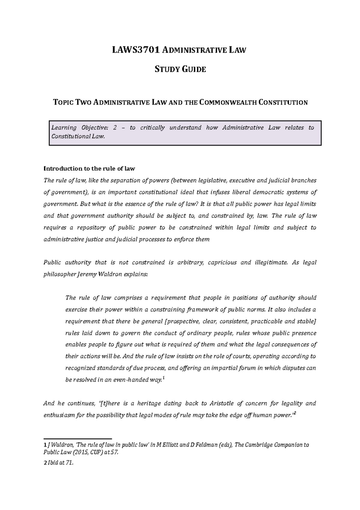 Week 2 Learning Guide and Seminar Questions - LAWS3701 ADMINISTRATIVE ...