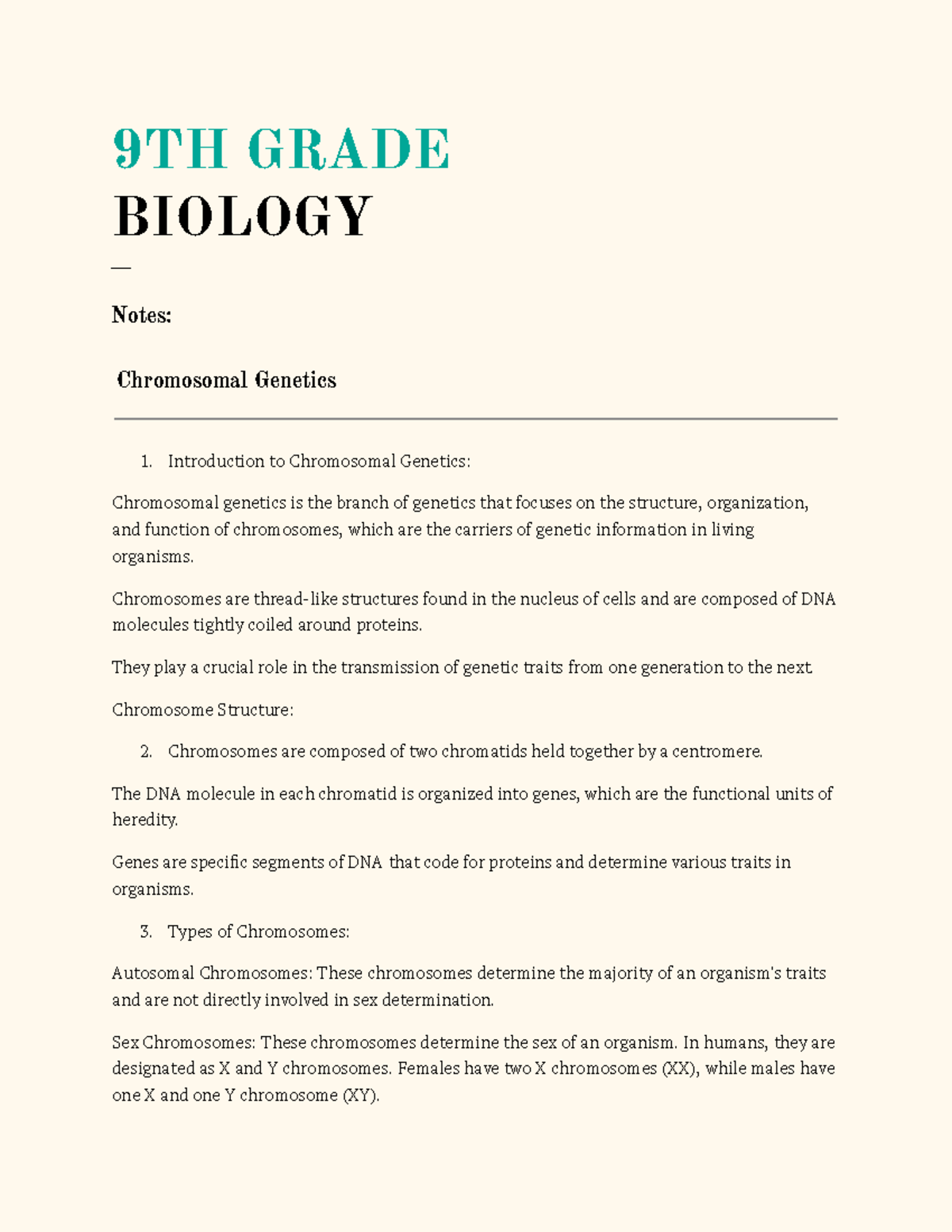 Chromosomal Genetics - 9TH GRADE BIOLOGY ___ Notes: Chromosomal ...
