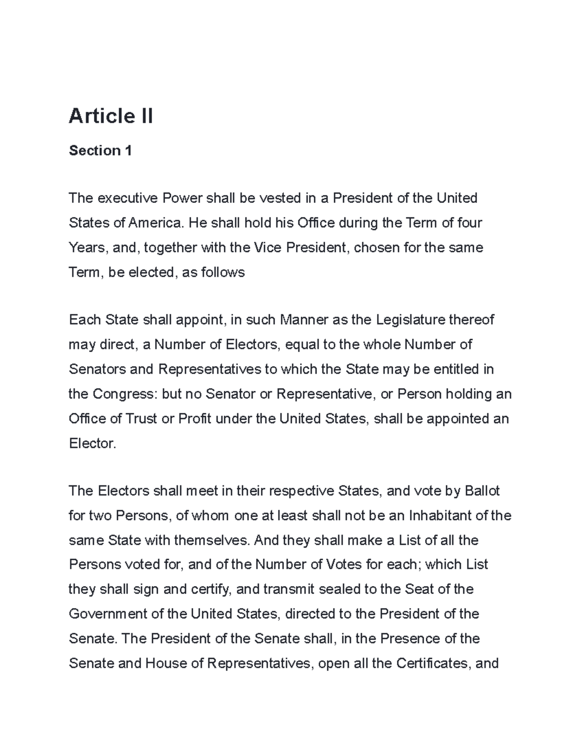 The Constitution of the United States Article 2 - Article II Section 1 ...