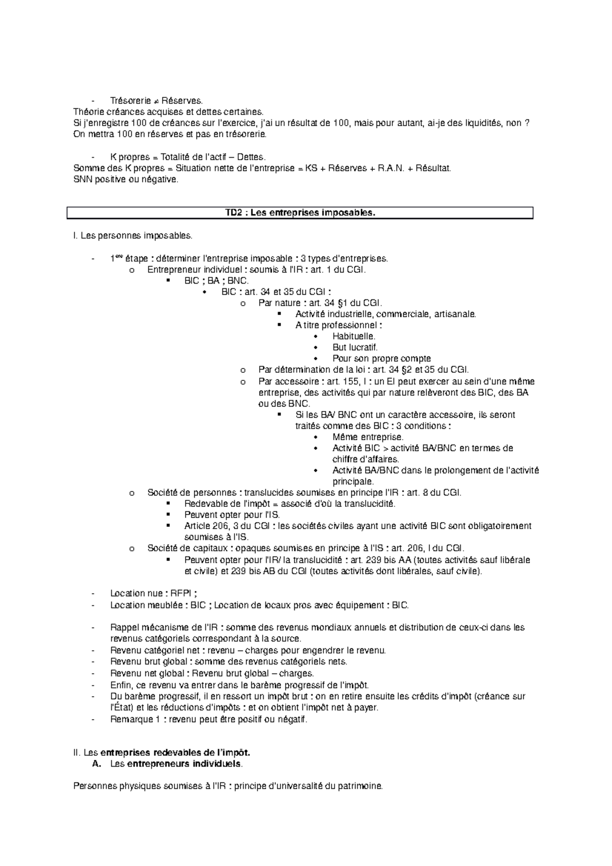Fiches de fiscal - Trésorerie ≠ Réserves. Théorie créances acquises et ...