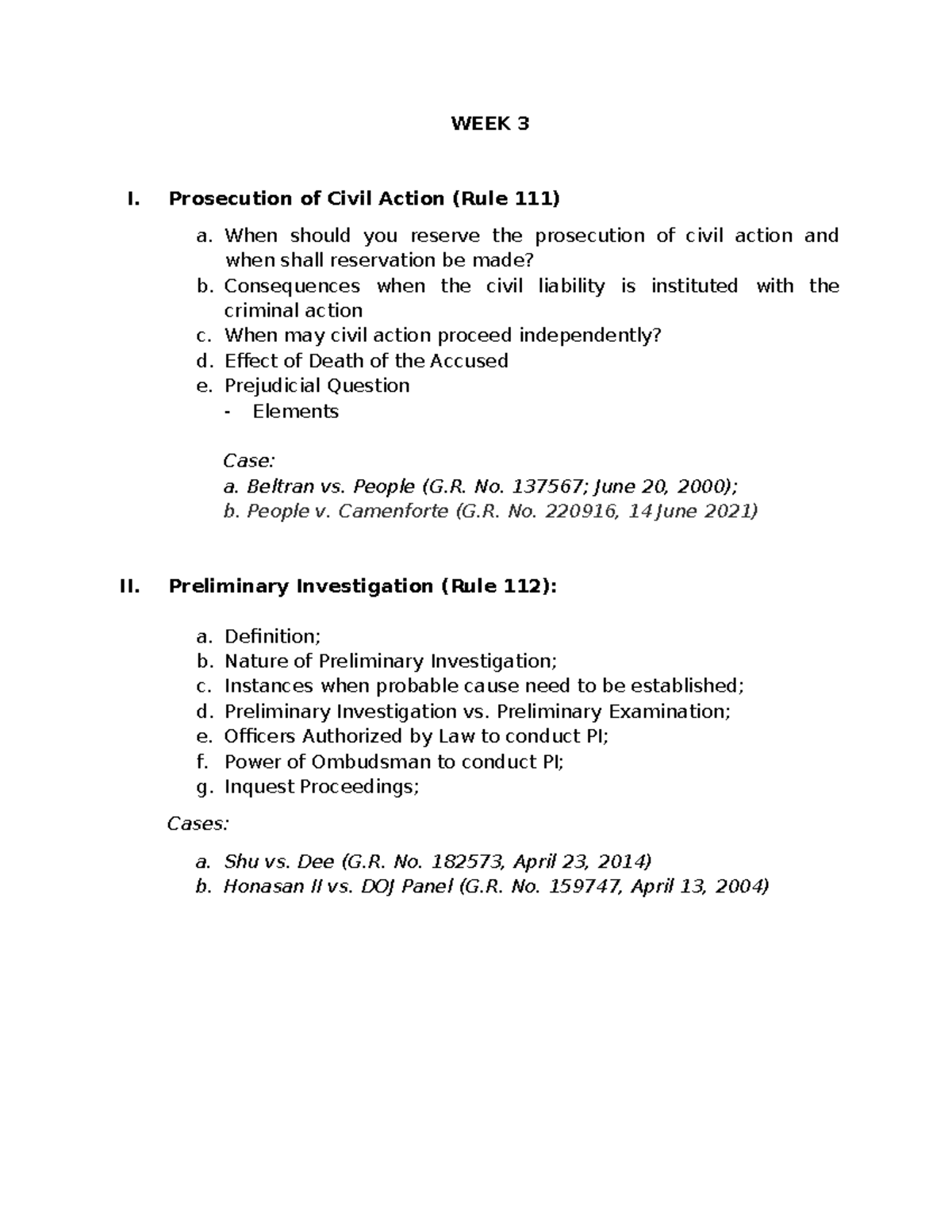 Crim Pro Syllabus Week 3 - WEEK 3 I. Prosecution of Civil Action (Rule ...
