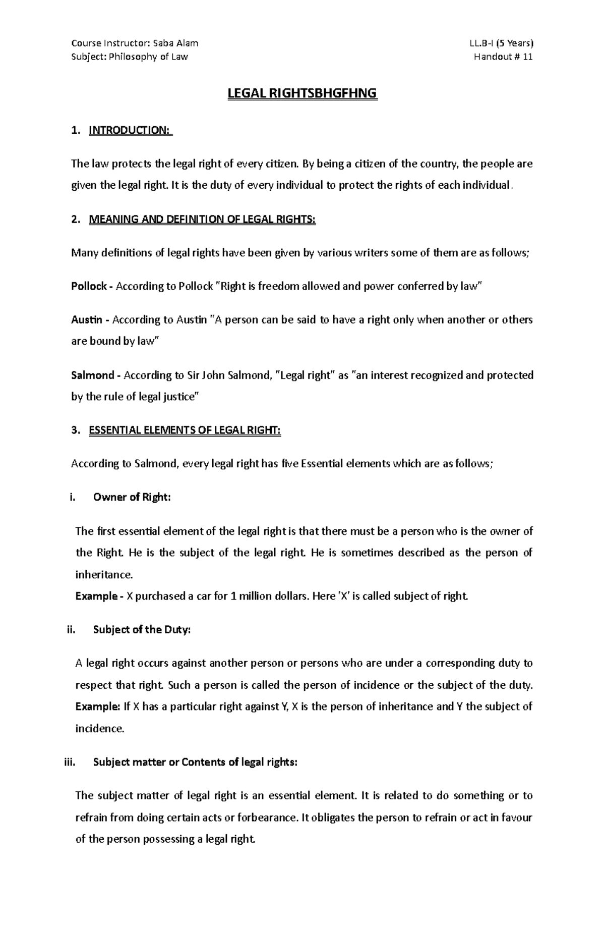11. Legal Rights - Subject: Philosophy of Law Handout # 11 LEGAL ...
