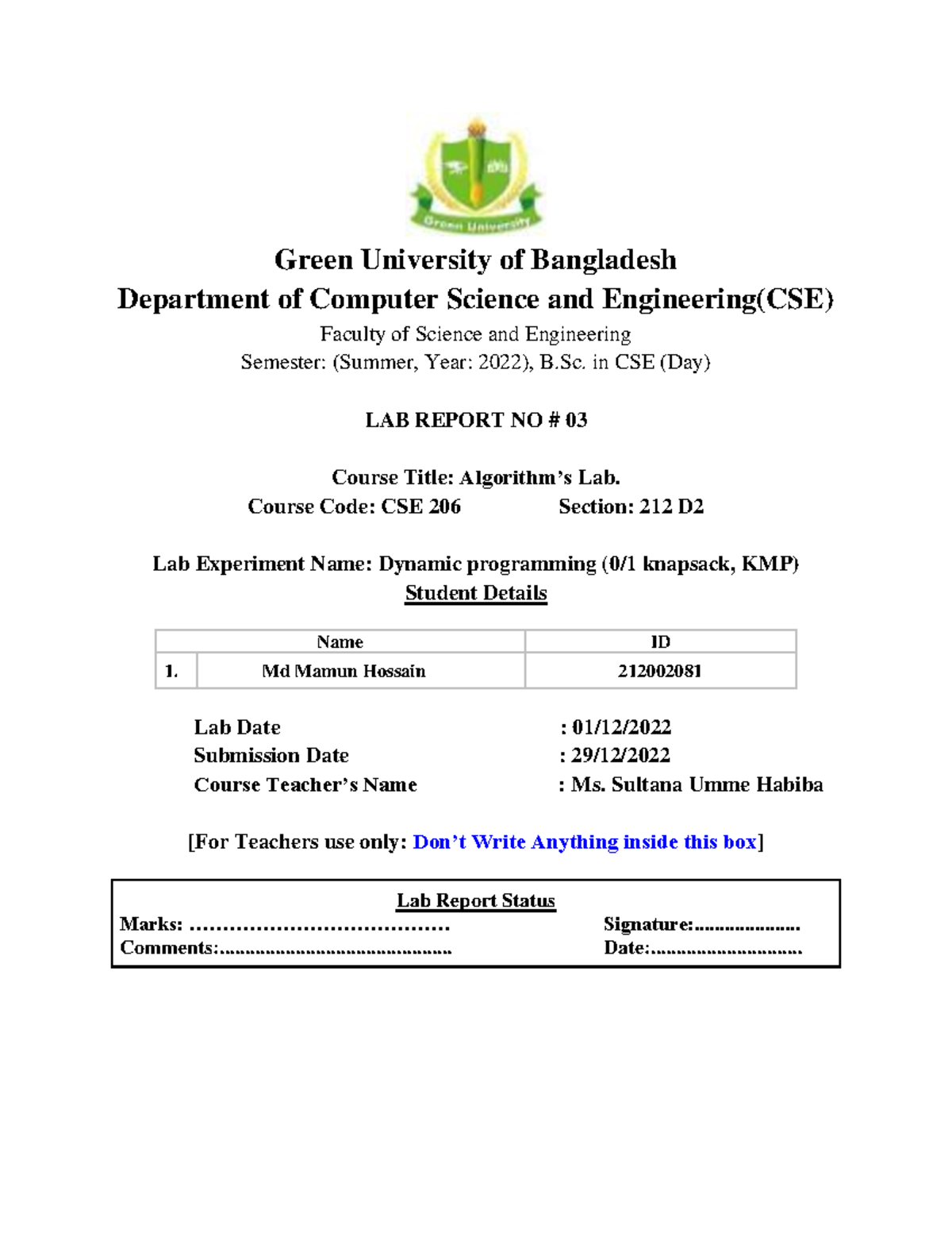 LR3 - lab report - Green University of Bangladesh Department of ...